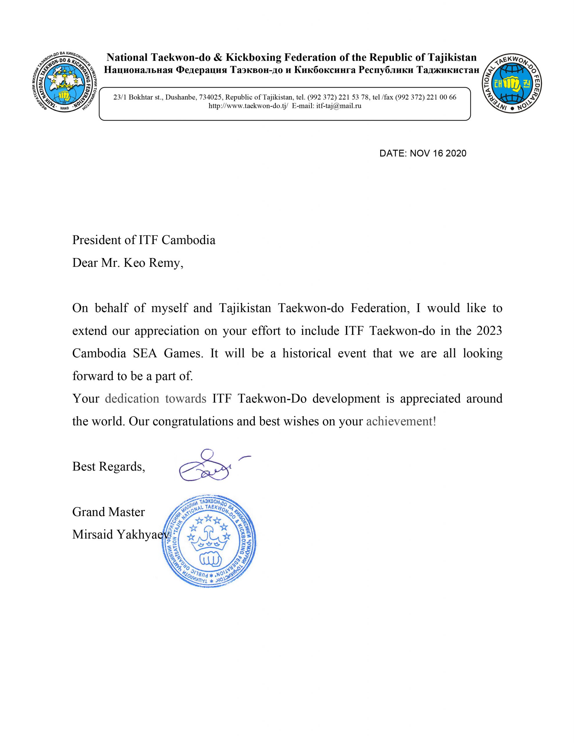 GM Mirsaid Yakhyaev Congratulatory letter to MR. KEO REMY - Asian ...